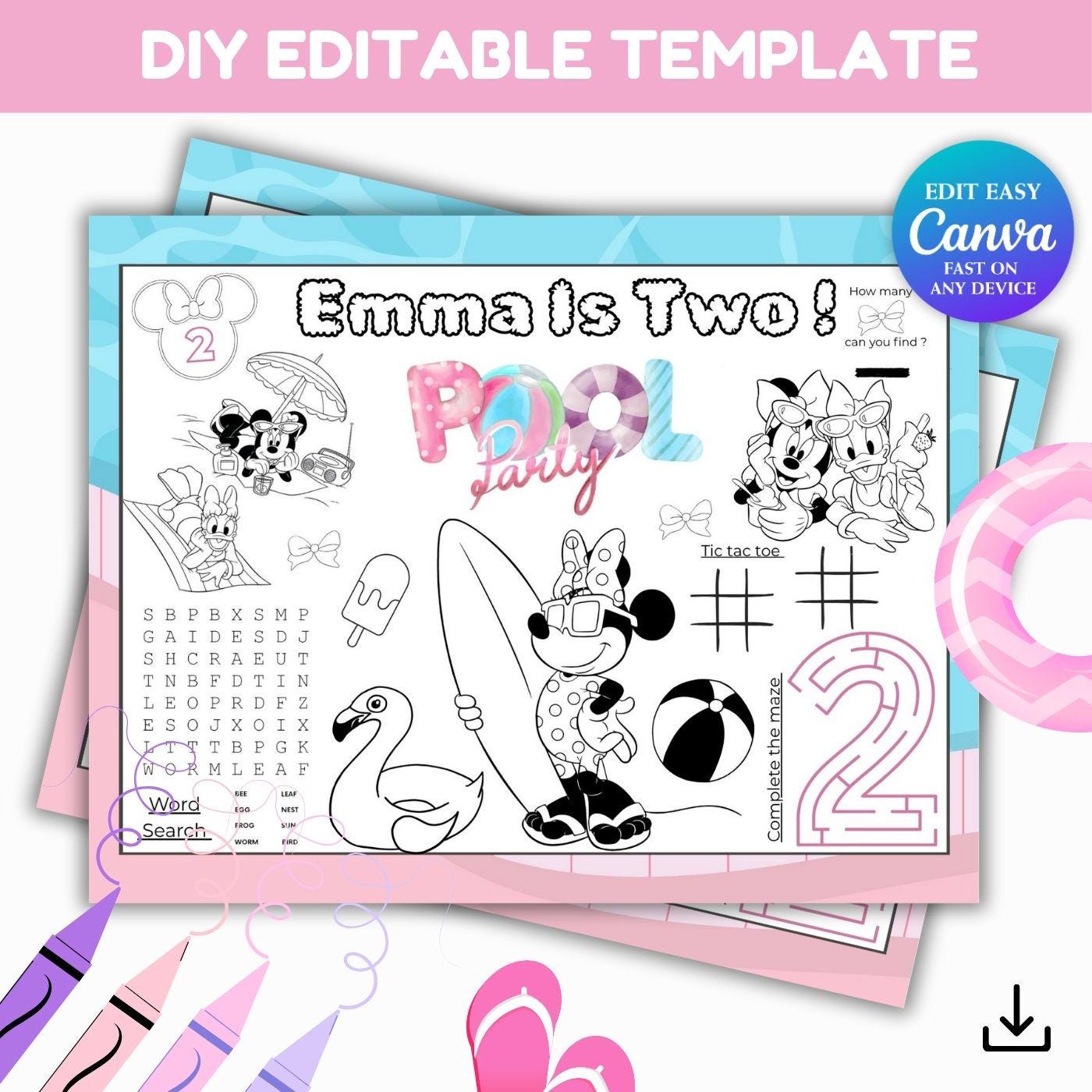 Minnie Mouse Pool Party Birthday Pink Activity Placemat, Minnie Mouse ...
