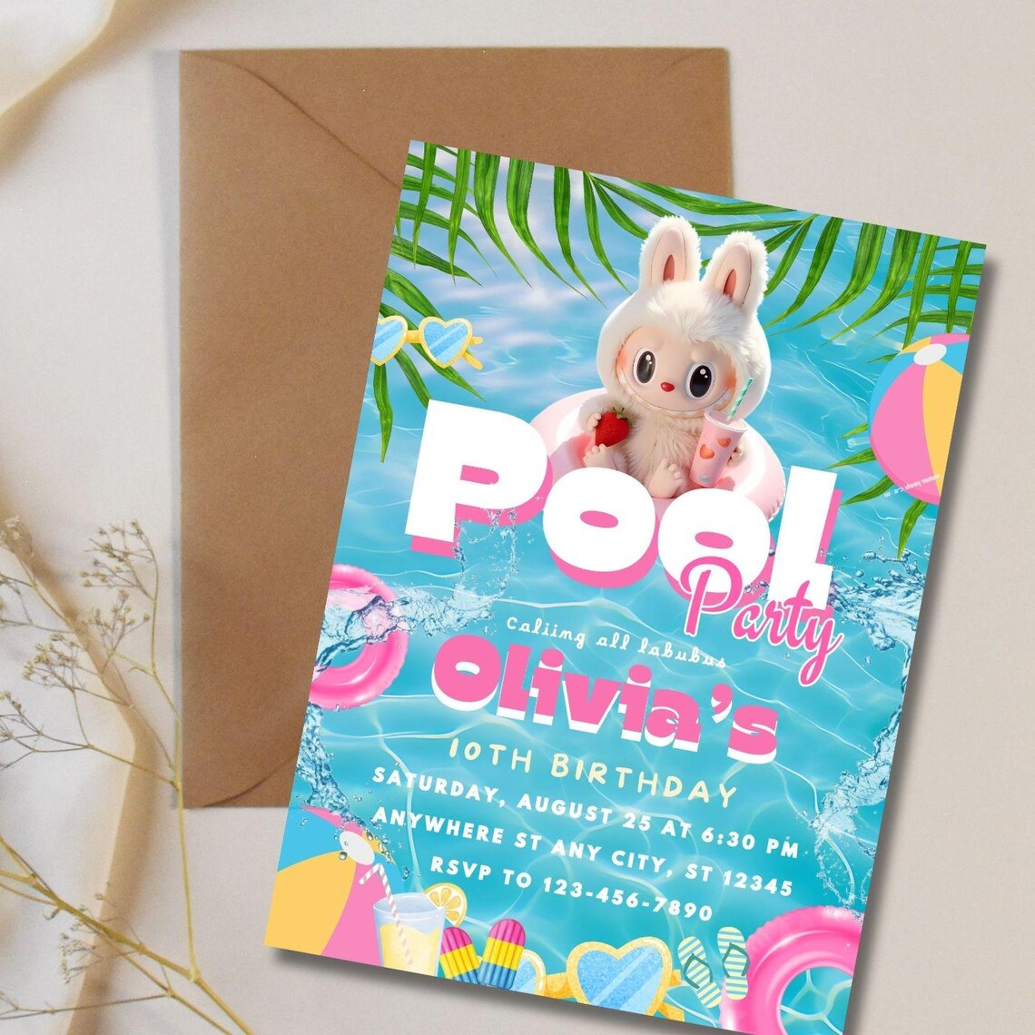 Labubu Pool Party Birthday Invitation |editable Pink Monster Invite ...
