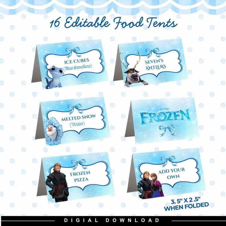 Editable Frozen Party Food Labels - Tents | Elsa & Anna Place Cards ...