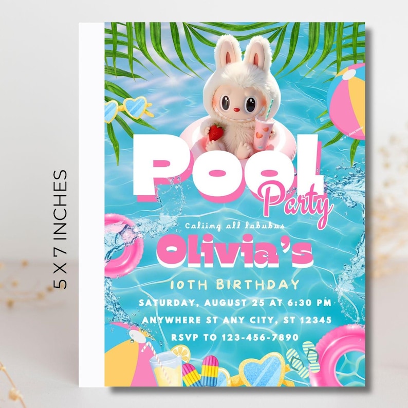 Labubu Pool Party Birthday Invitation |editable Pink Monster Invite ...