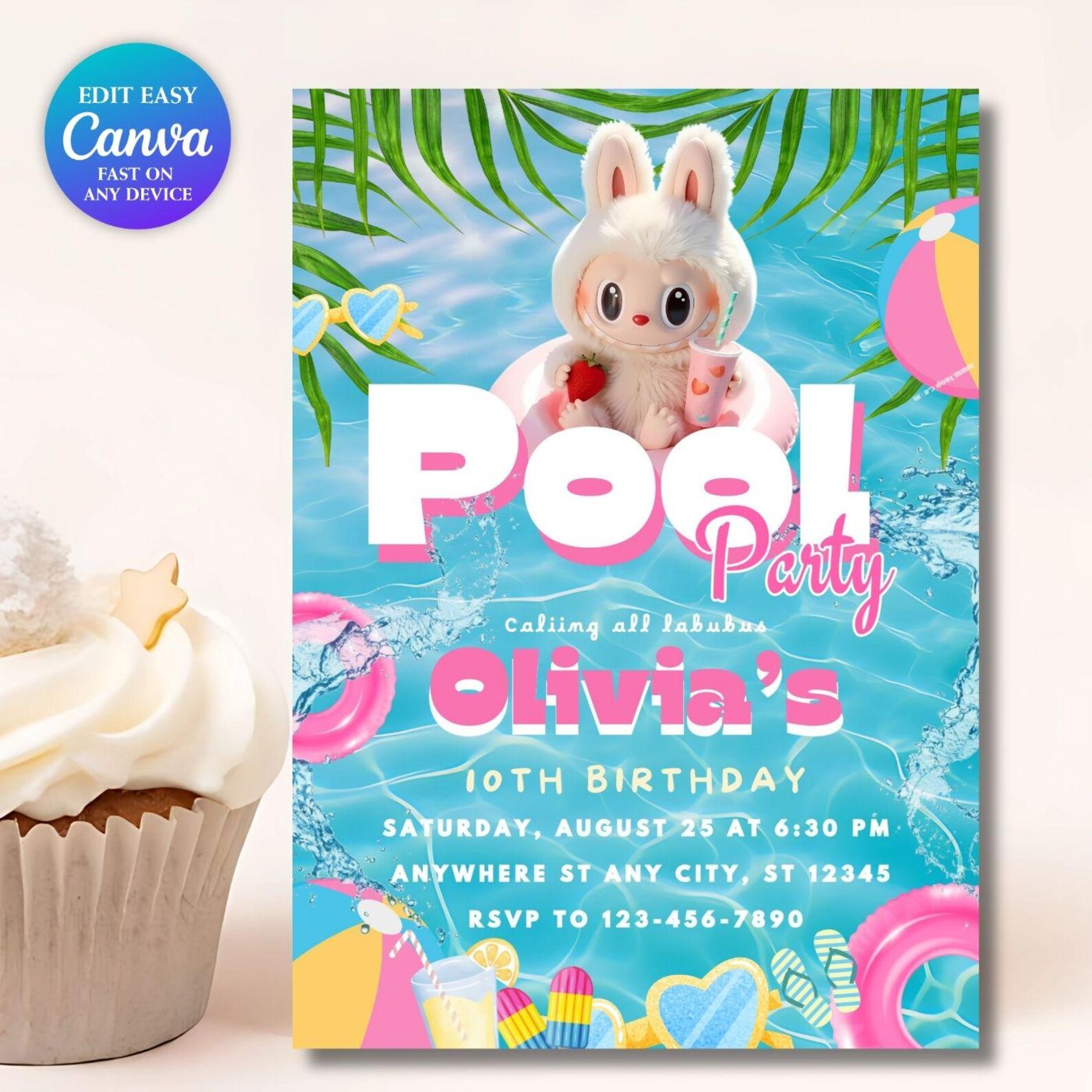 Labubu Pool Party Birthday Invitation |editable Pink Monster Invite ...