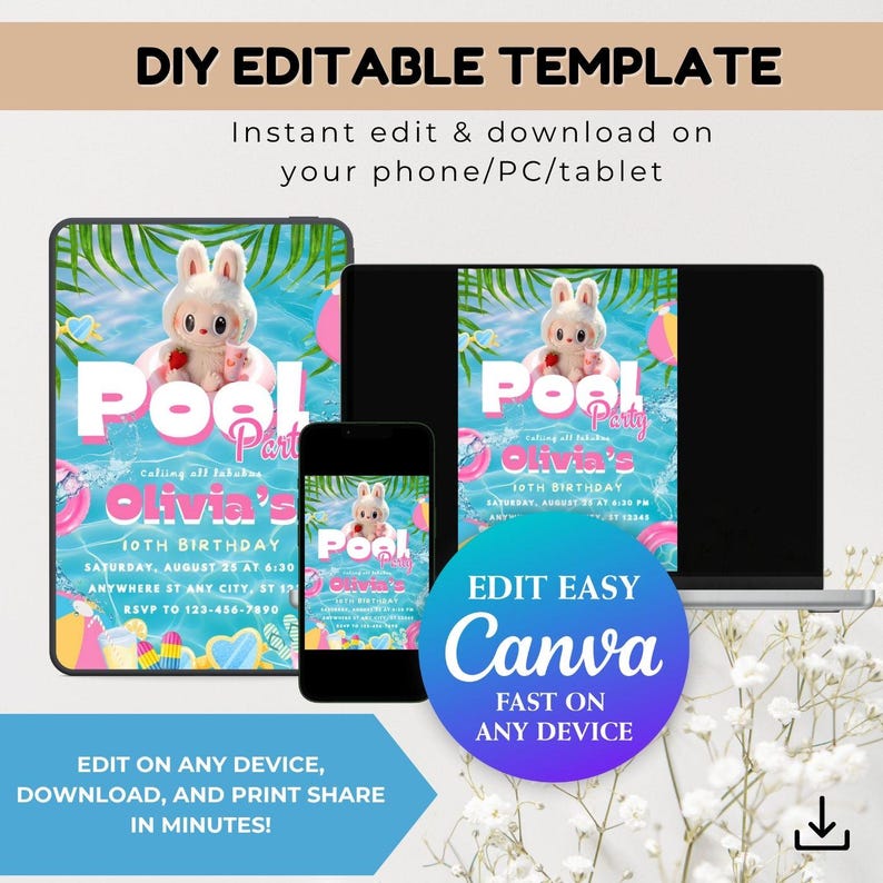 Labubu Pool Party Birthday Invitation |editable Pink Monster Invite ...