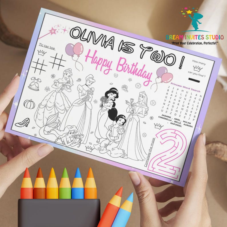 Editable Disney Princess Activity Sheet | Printable Party Placemat & Coloring Pages | Instant ...