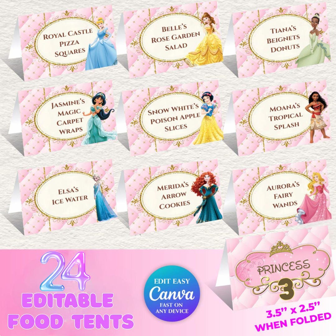 24 Princess Party Food Labels & Food Tents, Canva Editable Place Cards ...
