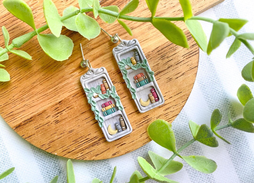 Polymer Clay Bookshelf Earrings: Book, Plant & Moon Design - Etsy