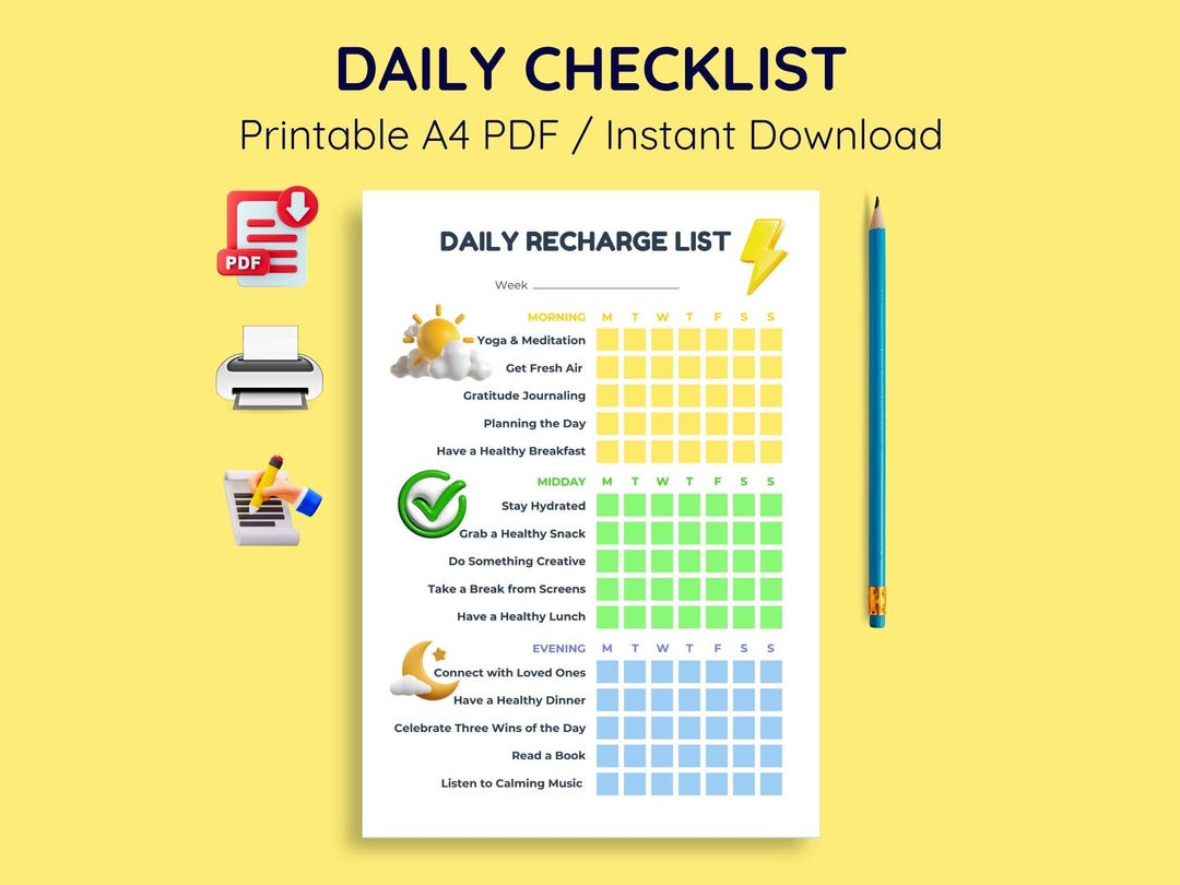 Daily Checklist Printable | Recharge List | Organizer | Productivity ...
