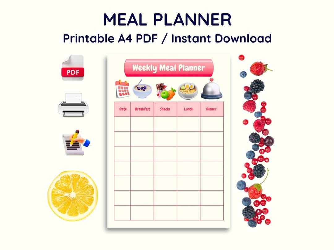 Weekly Meal Planner | Printable Food Guide | Menu Blueprint for Healthy ...