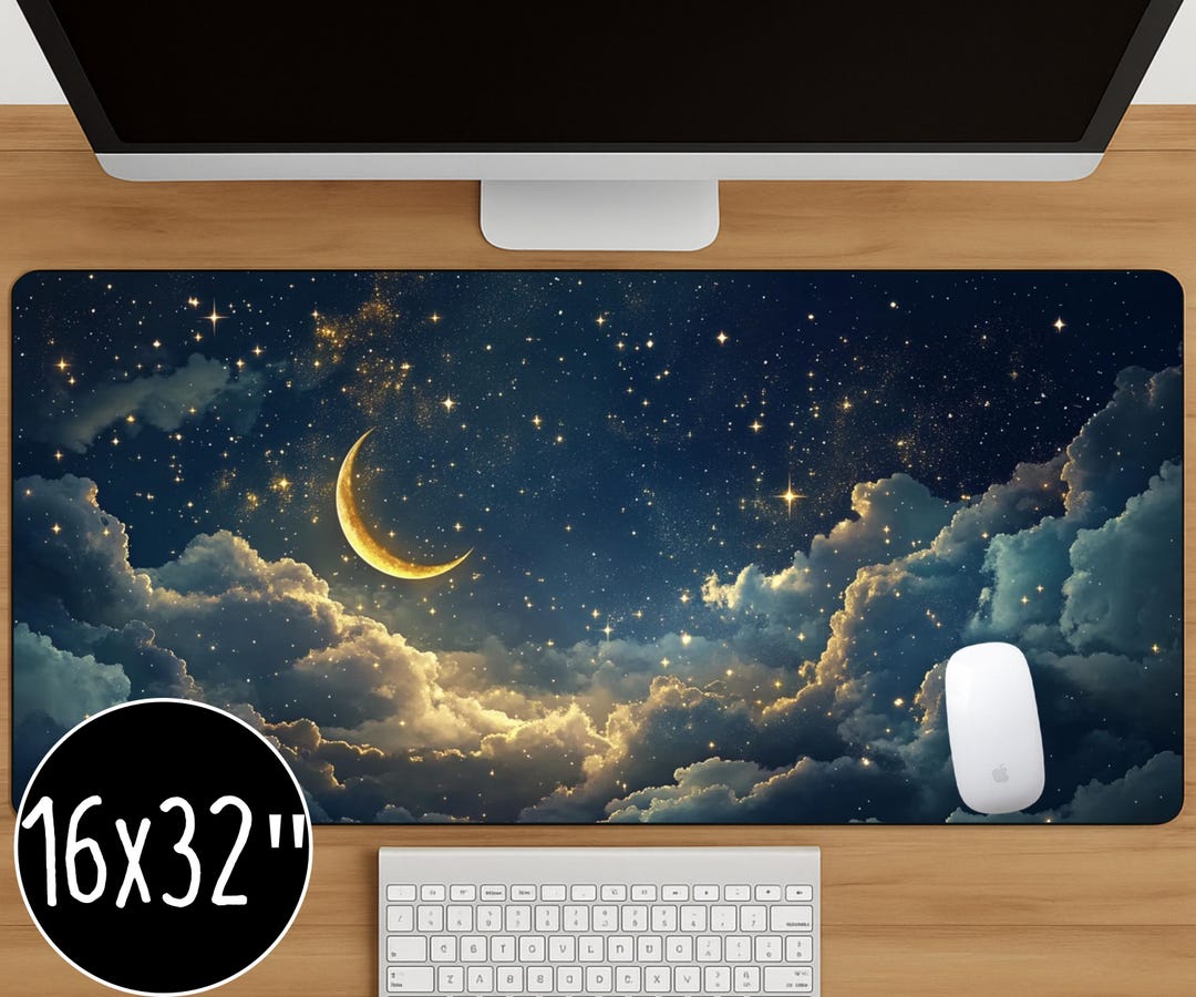 Starry Night Sky Desk Mat 16x32 Inch Crescent Moon and Cloud Galaxy ...