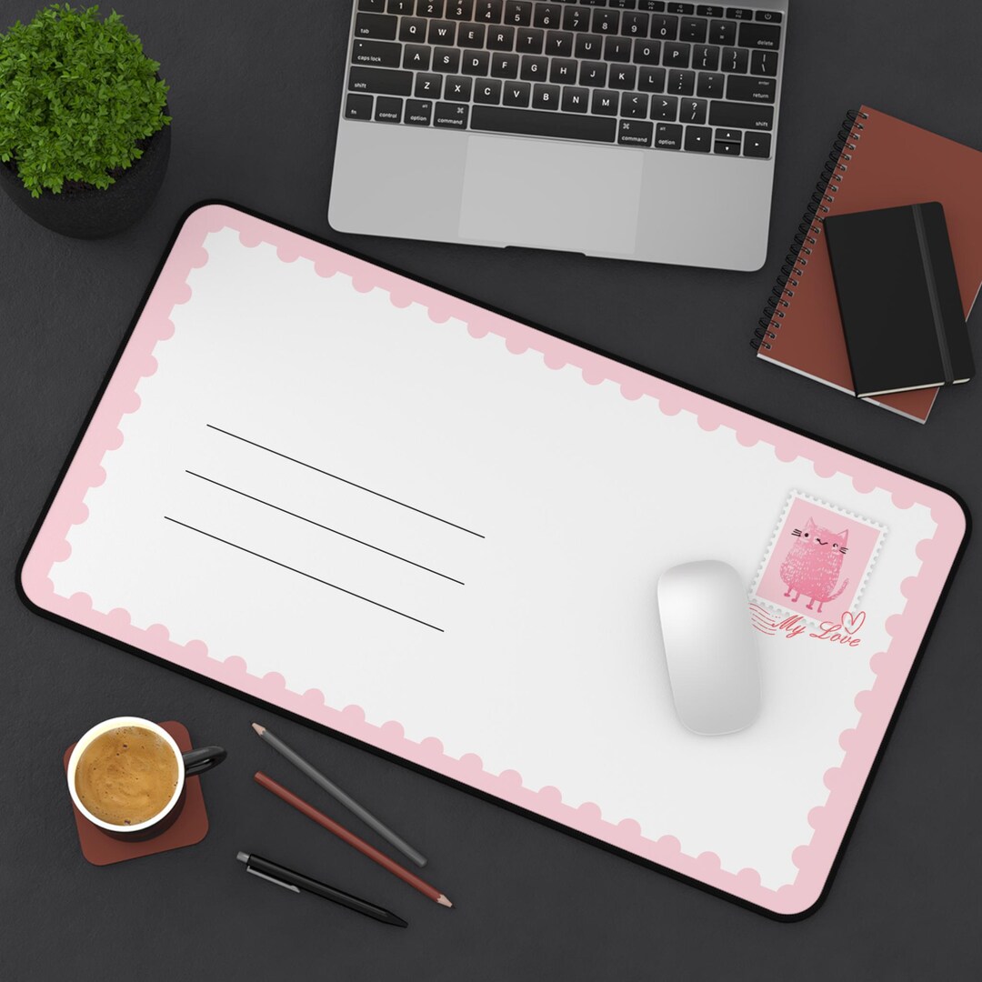 Kawaii Desk Mat, Pink Postcard Design, Cat Stamp, Love Letter Decor - Etsy