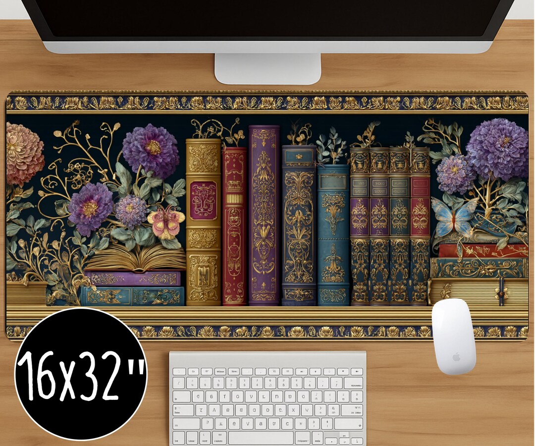 Vintage Bookshelf Desk Mat, Floral Extended Mouse Pad, Literary Office ...