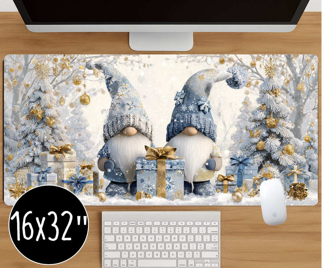 Christmas Gnome Desk Mat: Blue & Gold Holiday Decor - Etsy