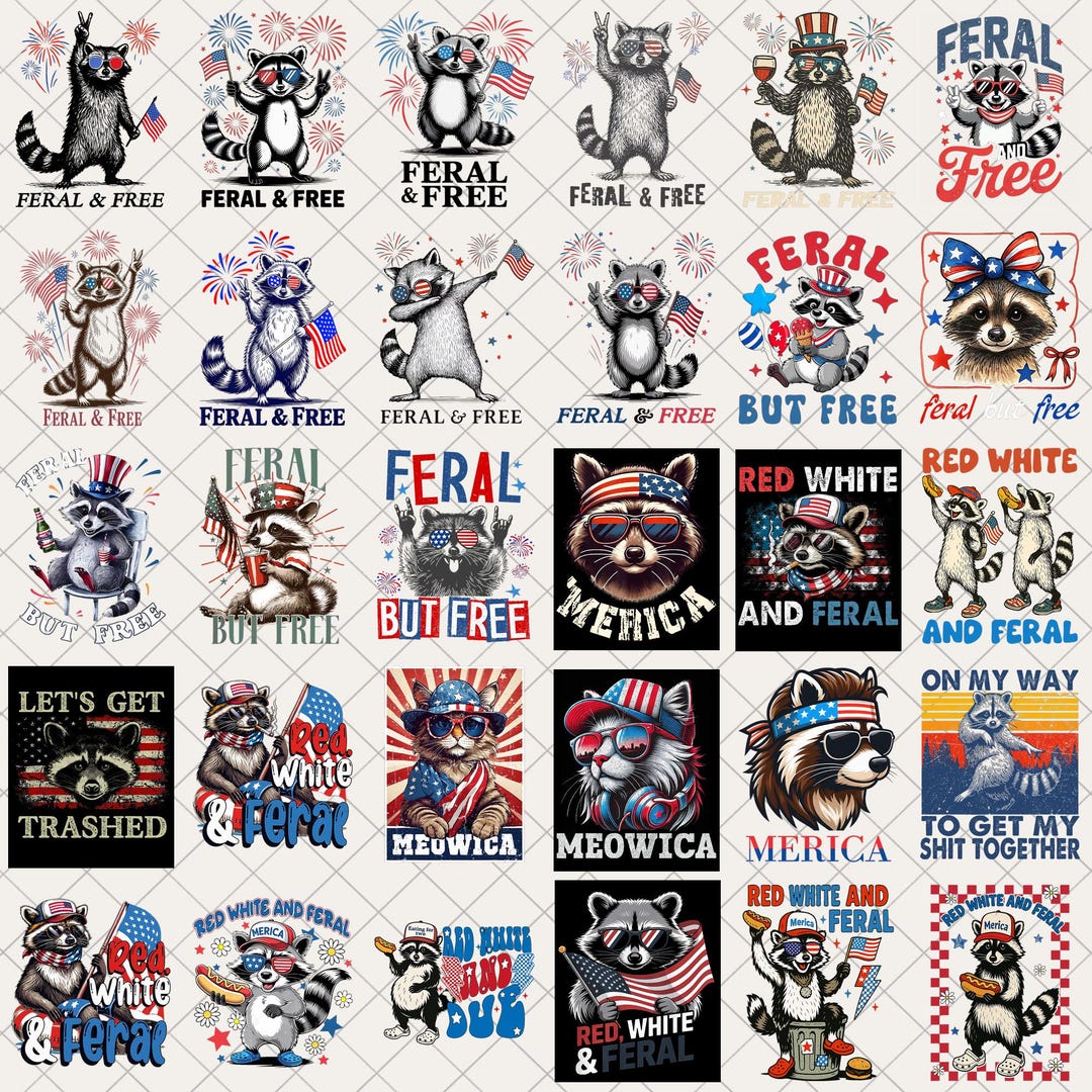 Patriotic Raccoon Design PNG Bundle, Feral but Free, USA Flag Png for ...