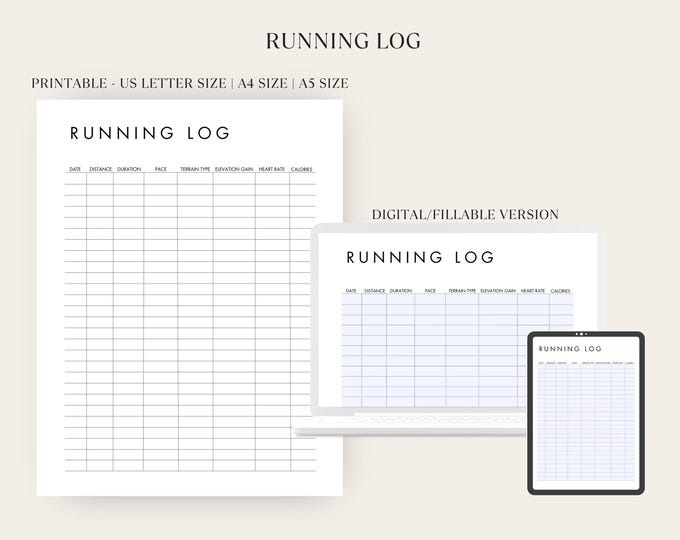 Running Log - Fillable - Printable PDF - Fitness Tracker, Runners Log ...