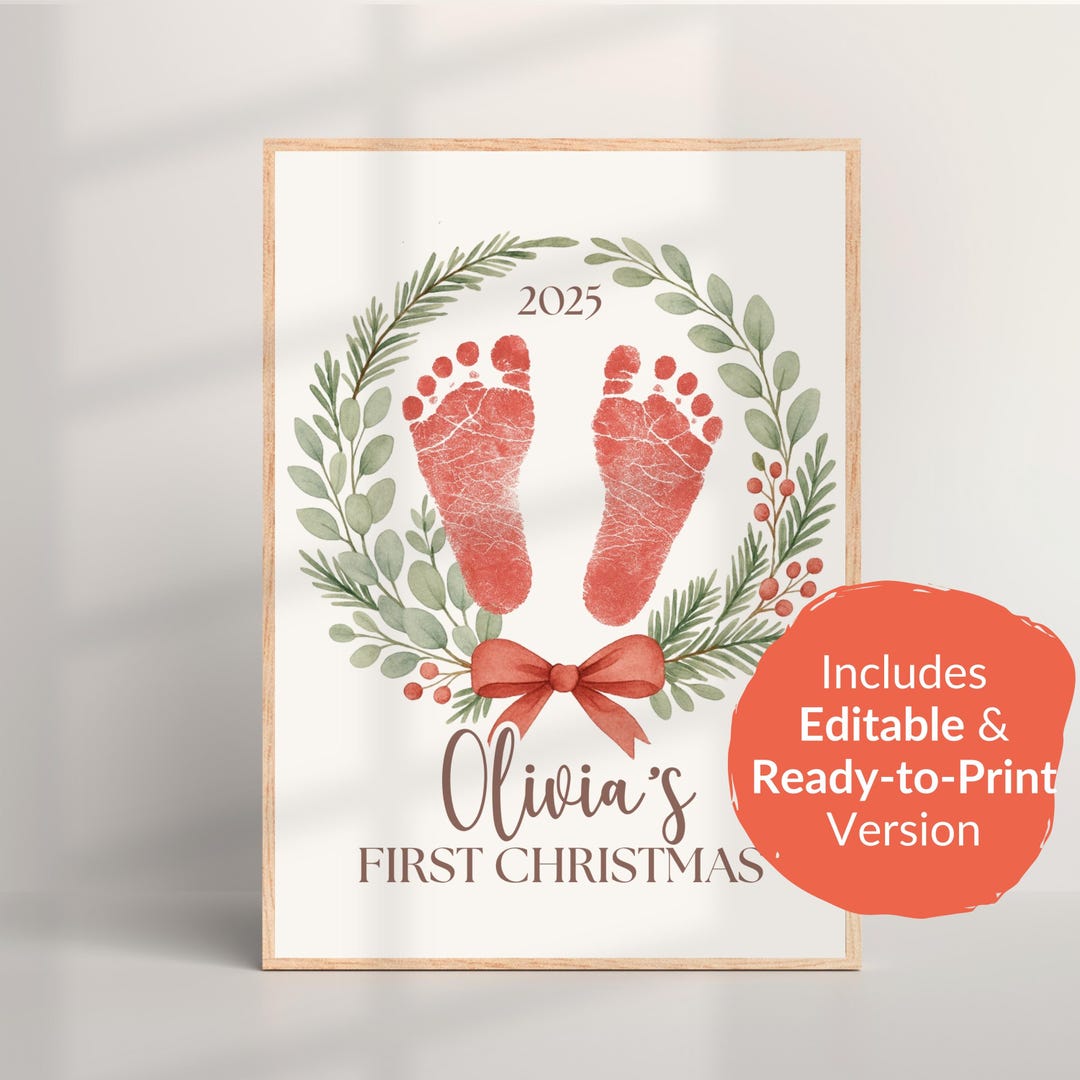 Baby’s First Christmas Footprint Art • Wreath With Red Bow • My First ...