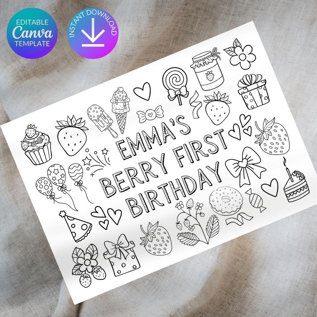 Berry First Birthday Coloring Page, Printable 1st Birthday Girl ...