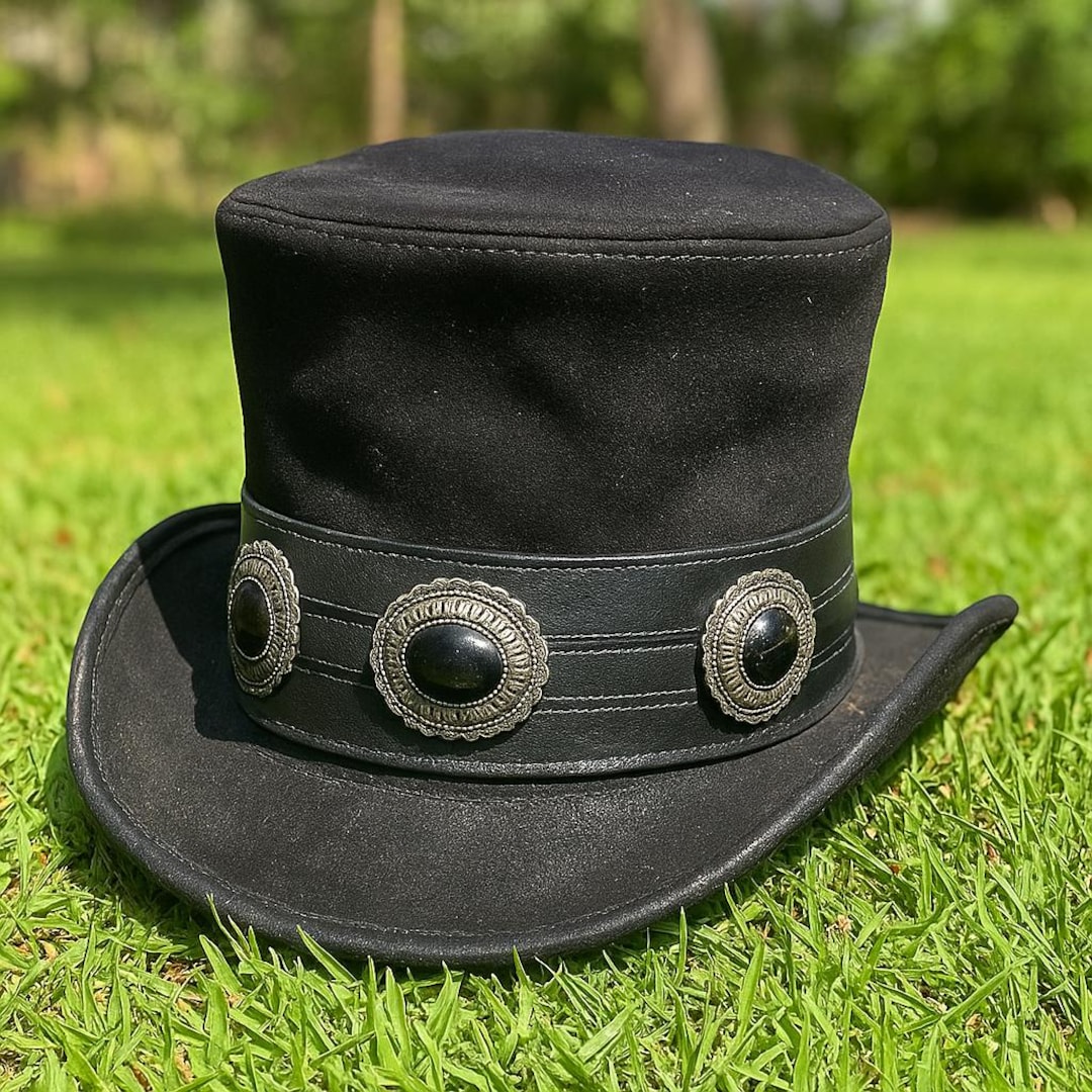 Handmade Black Suede Leather Top Hat: Silver Conchos, Steampunk Cosplay ...