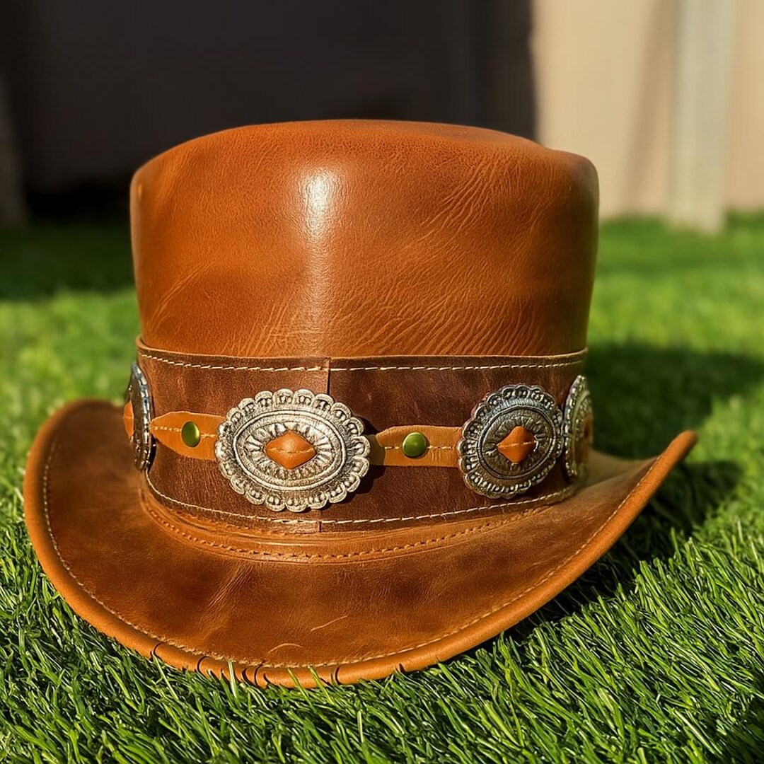 Handcrafted Brown Leather Top Hat With Silver Conchos | Steampunk Top ...
