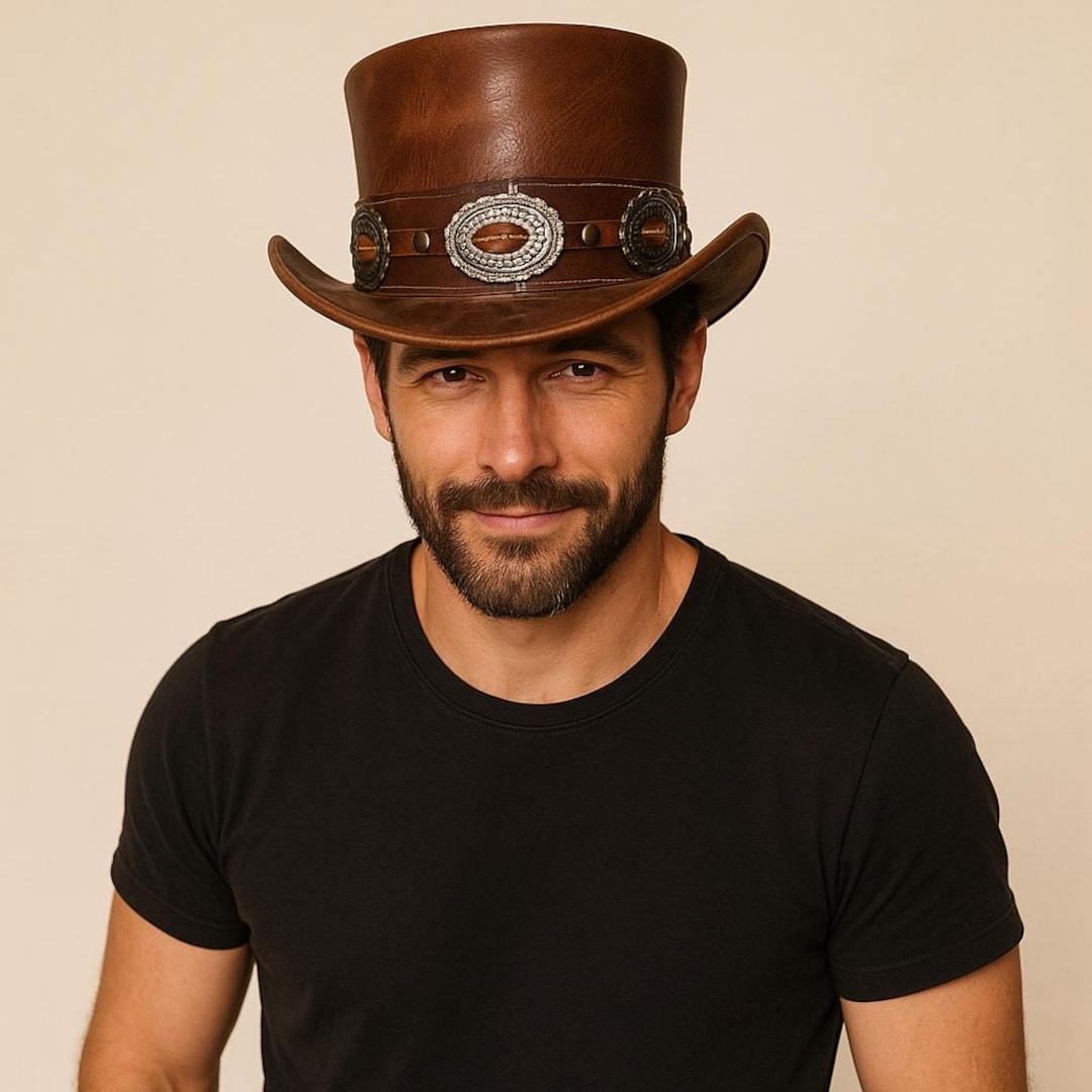 Handmade Brown Leather Top Hat With Silver Conchos Steampunk Top Hat ...