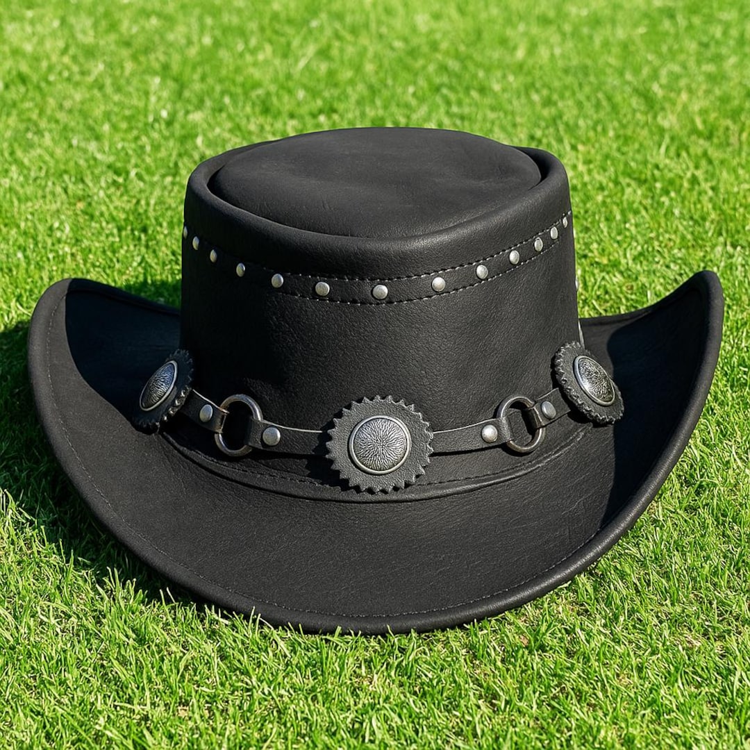 Handmade Black Leather Top Hat: Silver Eagle Concho, Gothic Steampunk ...