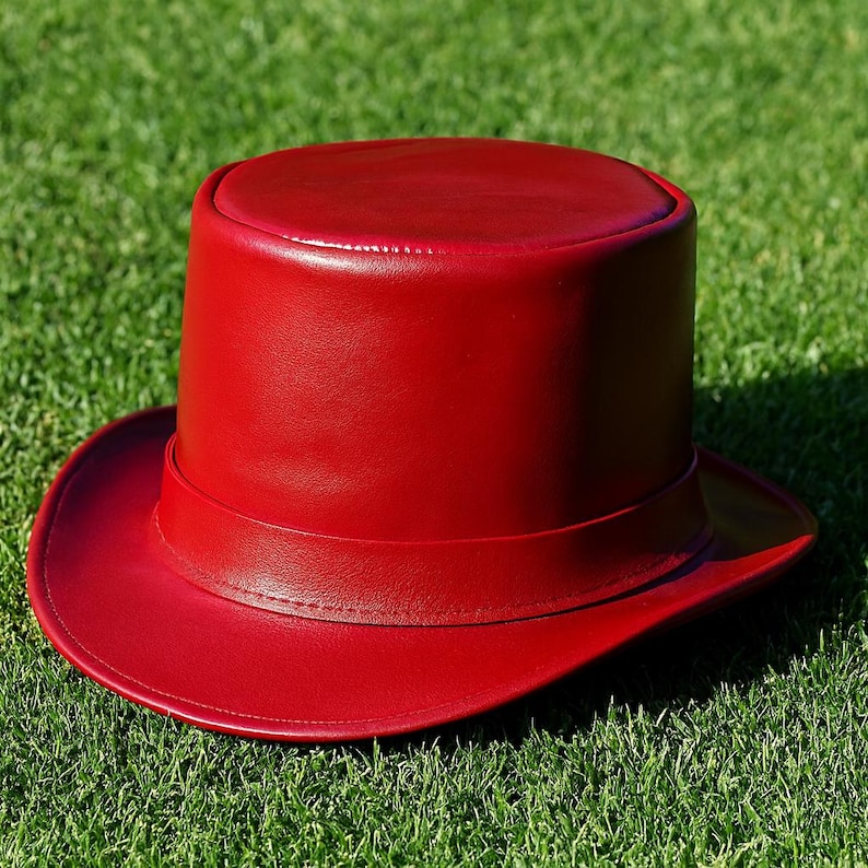 Handmade Bright Red Leather Top Hat Minimal Style for Costume Festival ...