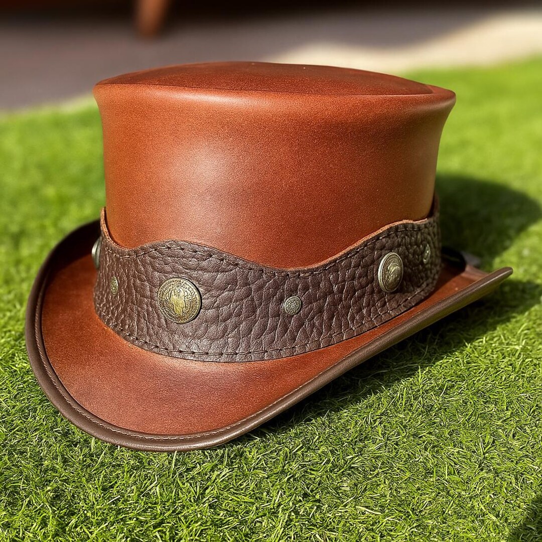 Handmade Brown Leather Steampunk Top Hat: Metal Conchos, Cosplay ...