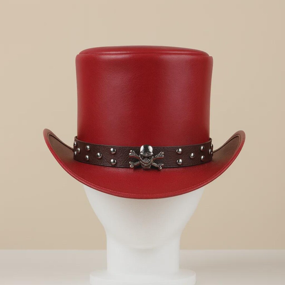 Handmade Red Leather Skull Top Hat Steampunk Gothic Festival Cosplay ...