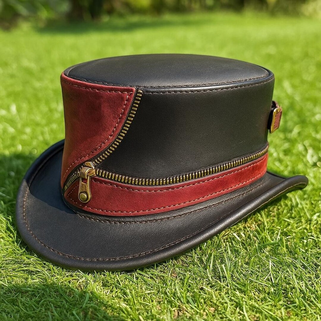 Handmade Black Leather Steampunk Top Hat: Red Accents, Zipper Detail - Etsy