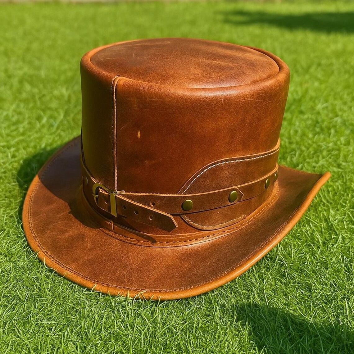 Handcrafted Brown Leather Top Hat With Silver Conchos | Steampunk Top ...