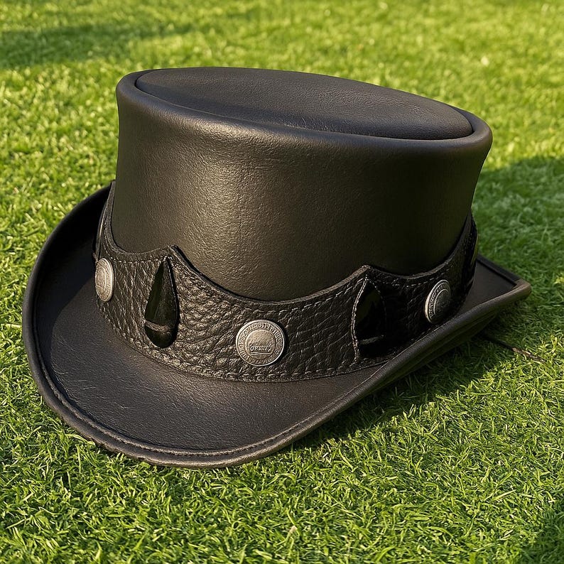 Handmade Black Leather Top Hat Black Teardrop Beads and Antique Conchos ...