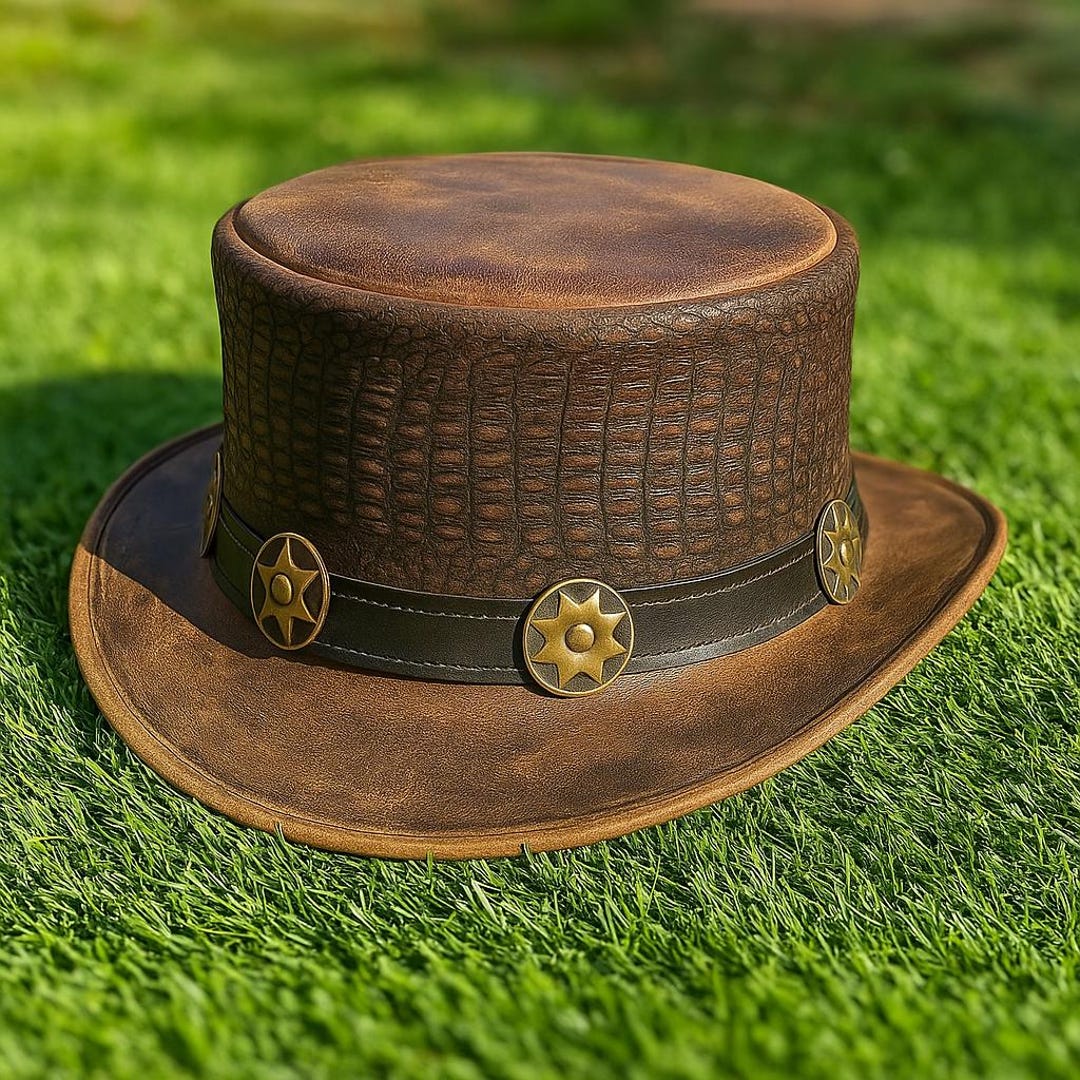 Handmade Brown Embossed Leather Top Hat With Star Conchos Steampunk ...