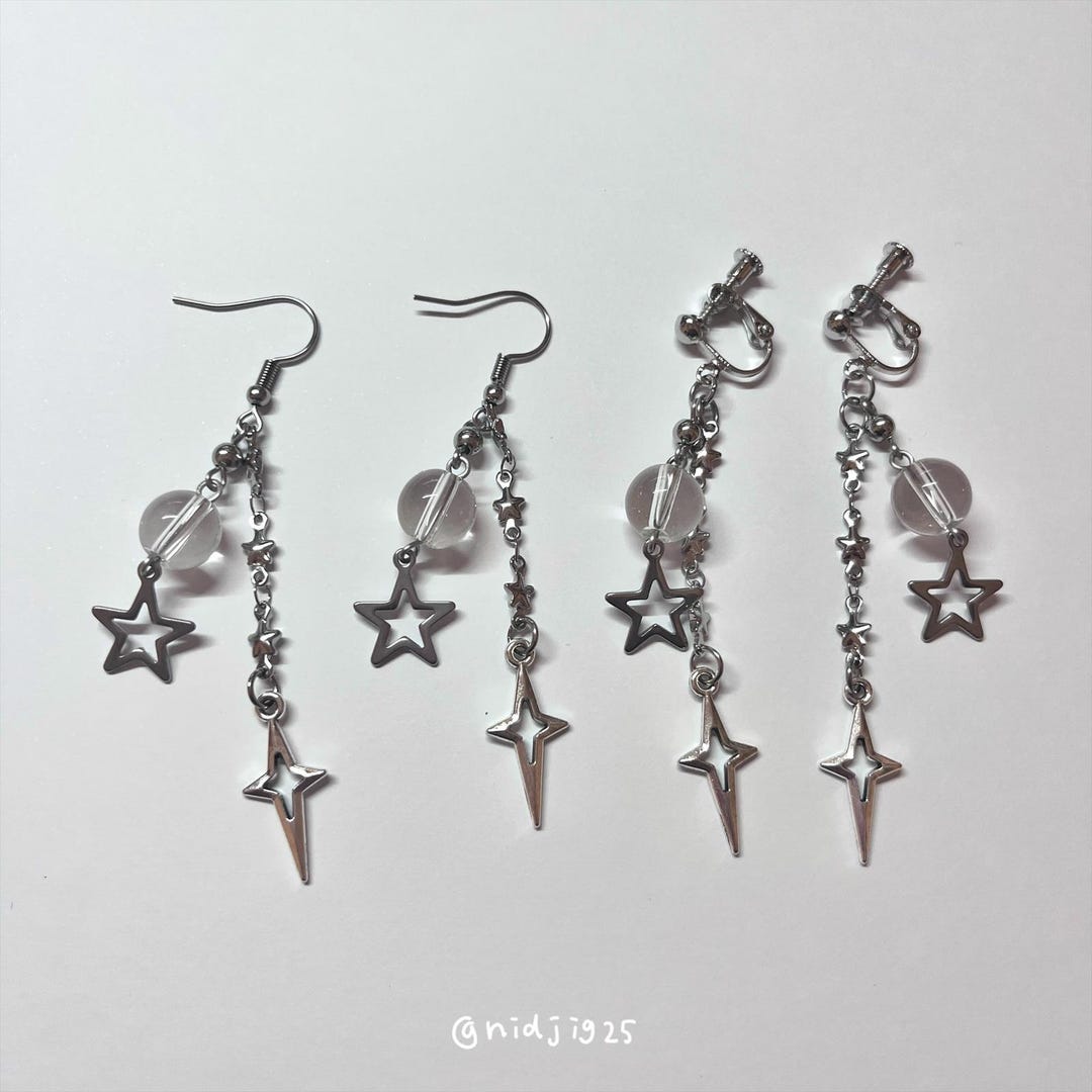 Star X Clear Beads Hypoallergenic Hook Earrings / Clip-ons | Handmade ...