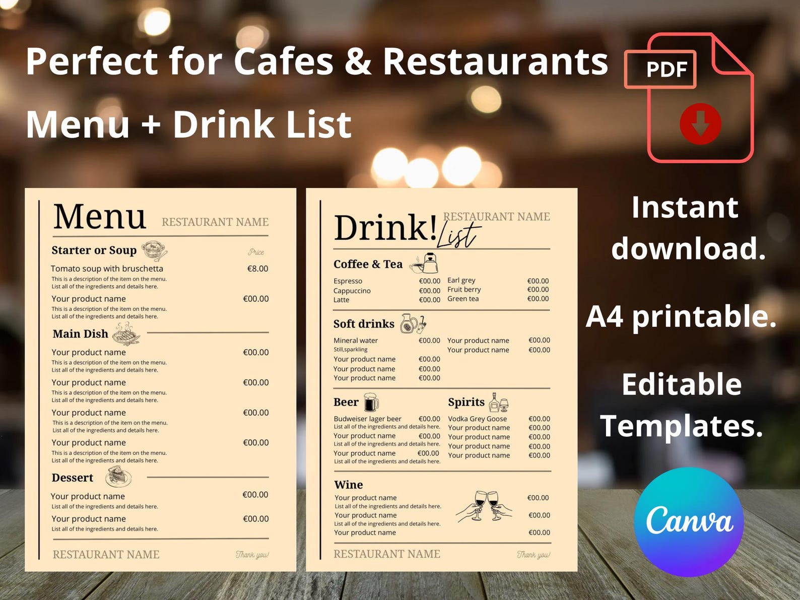 Editable Restaurant Menu Template | Minimalist Canva Design (instant ...