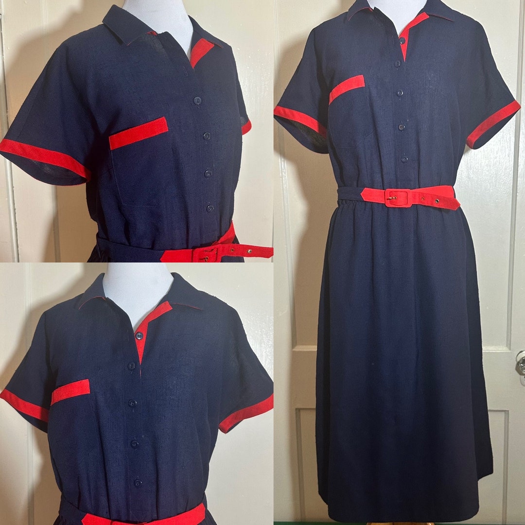 Blue and Red Shirt Dress by Fink // 70s Shirtdress - Etsy