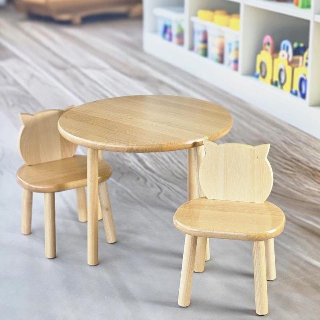 Wooden Kids Table and 2 Cat Chairs – Solid Beech Montessori Furniture ...