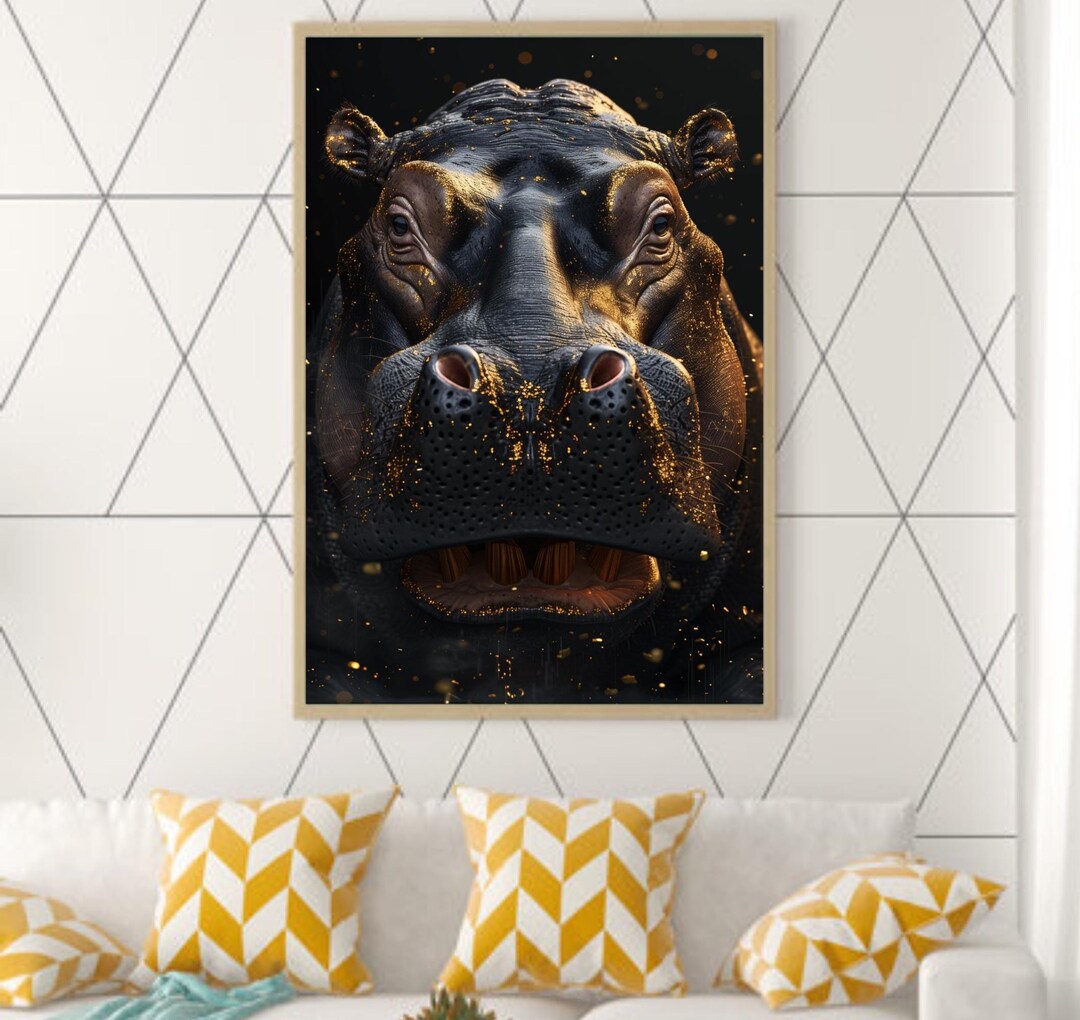 Luxury Hippo Wall Art Print | Black & Gold Hippopotamus Portrait in ...
