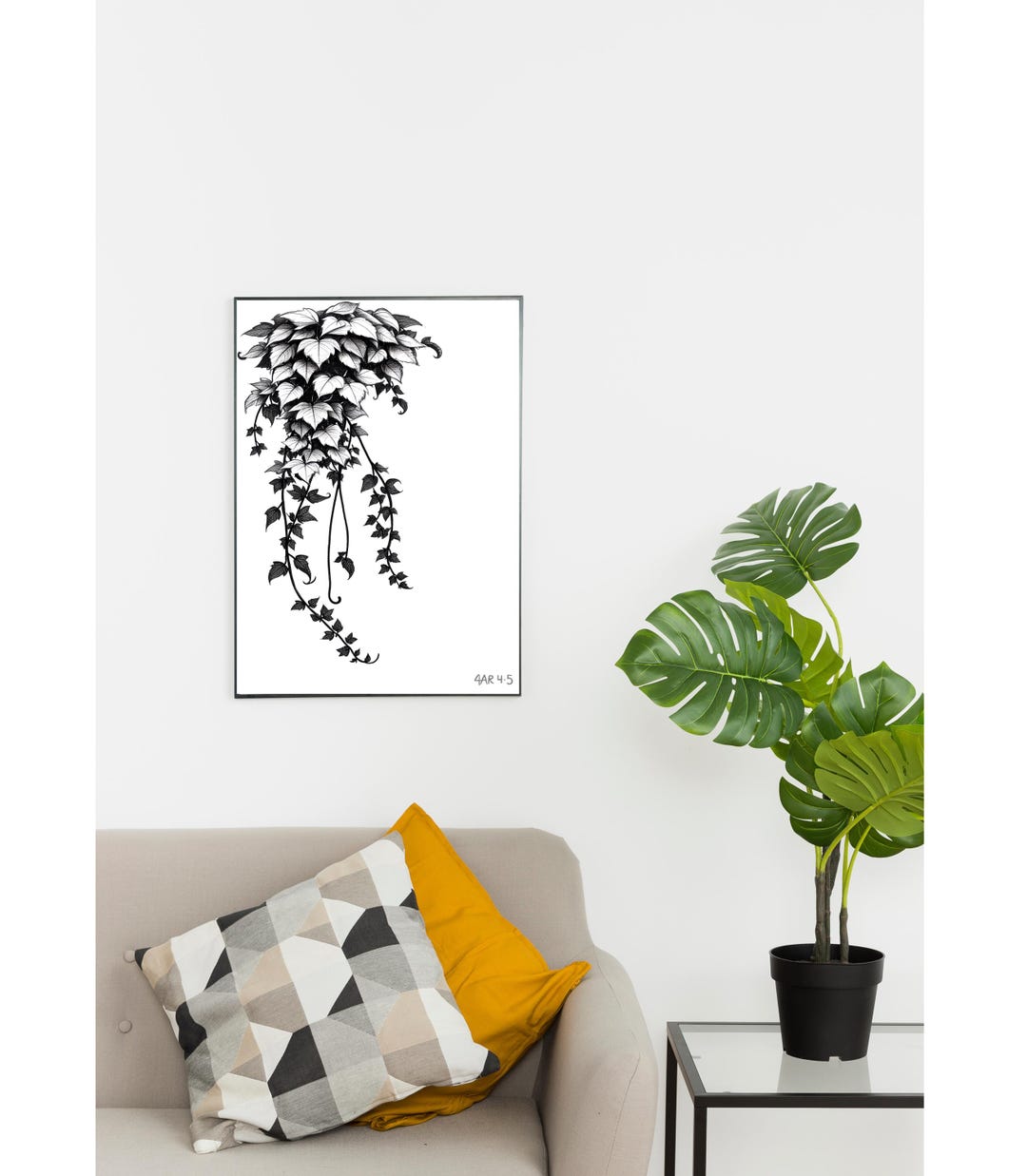 Minimalist Hanging Ivy Line Art Print, Black and White Cascading Leaves ...