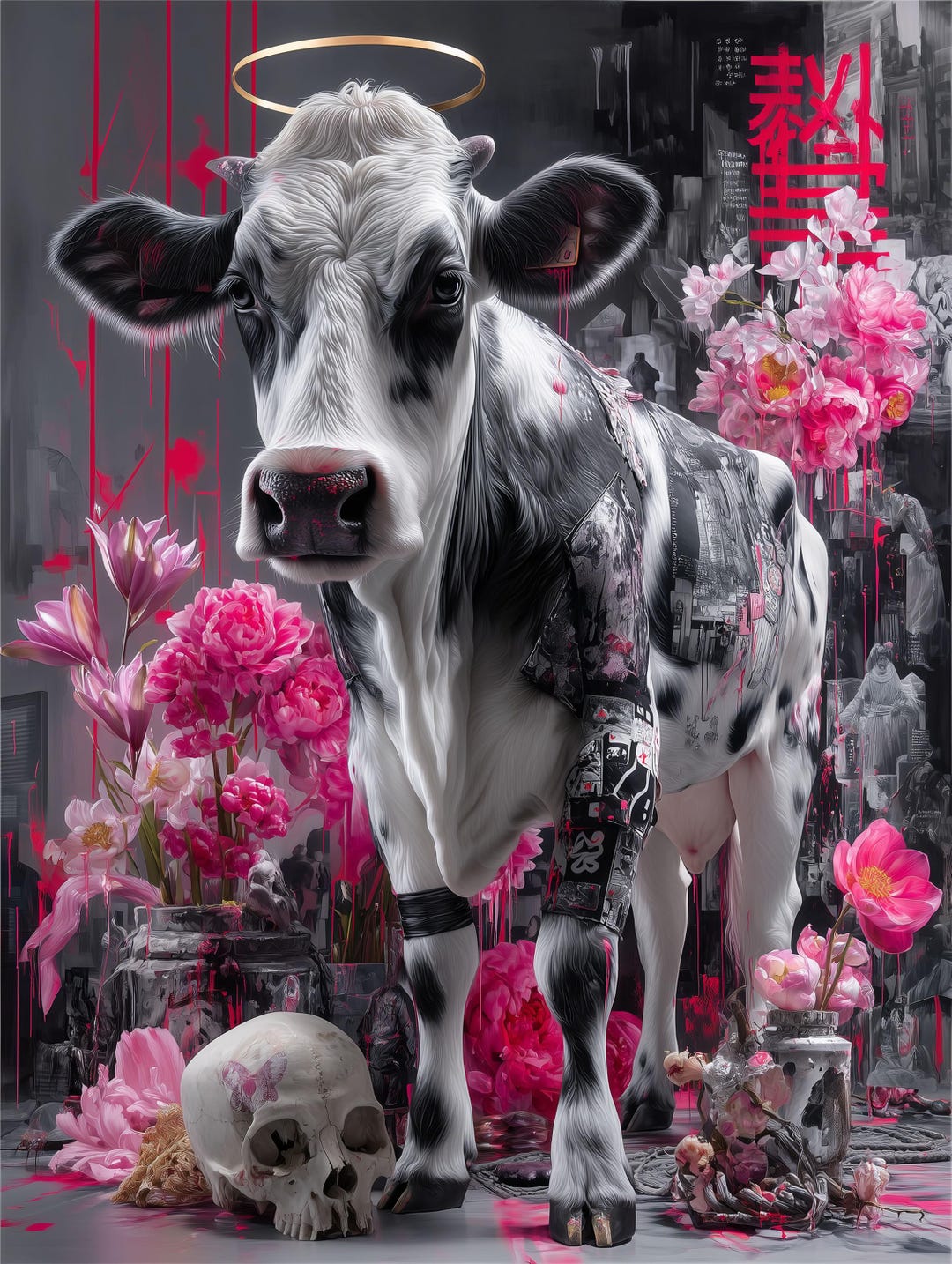 Holy Cow Surreal Art Print – Black & White Cow With Halo in Pink Floral ...