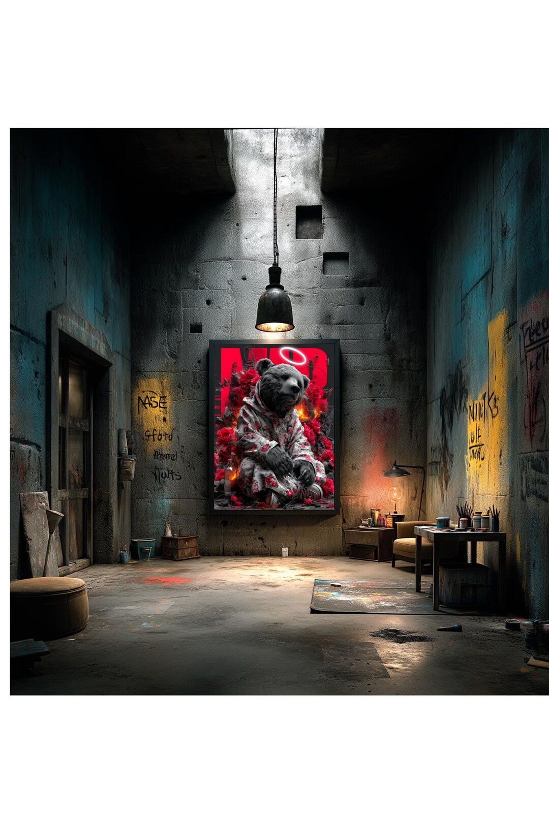 Sad Bear in Floral Hoodie – Black & Red Trash Tattoo-style Print of ...