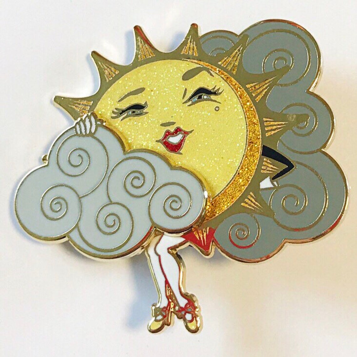 Sliding Cloud Sun Teaser Hard Enamel Pin With Glitter | Etsy