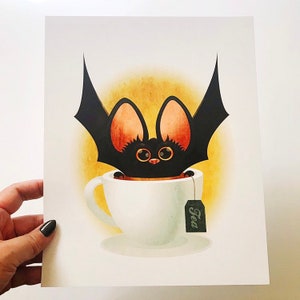 Bat + Tea, Regular Print in 5x7 or 8x10, Quirky Halloween Art, Fall ...