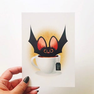 Bat Tea! Bat in Tea Cup Art Print: Quirky Halloween Illustration - Etsy