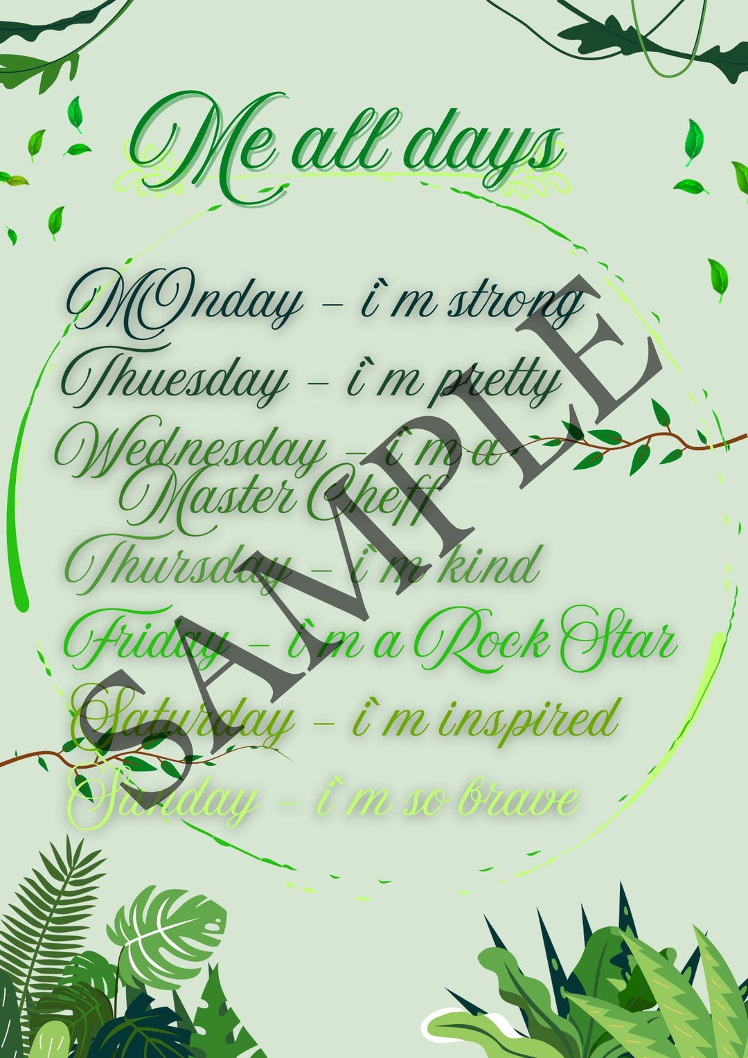 Motivational Days of the Week Poster|daily Affirmations Wall Art ...