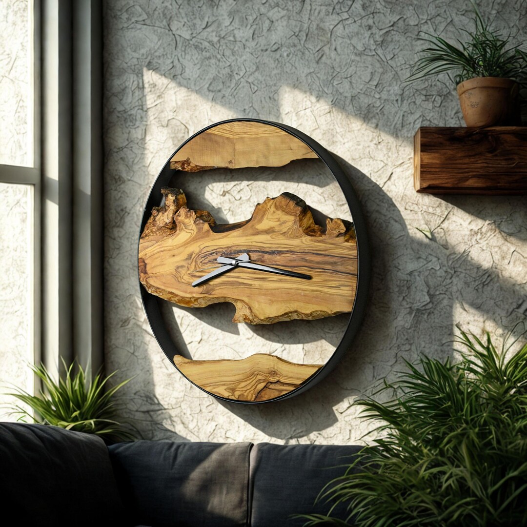 Natural Wooden Wall Clock, Black Metal Frame, Handmade Design, Modern ...