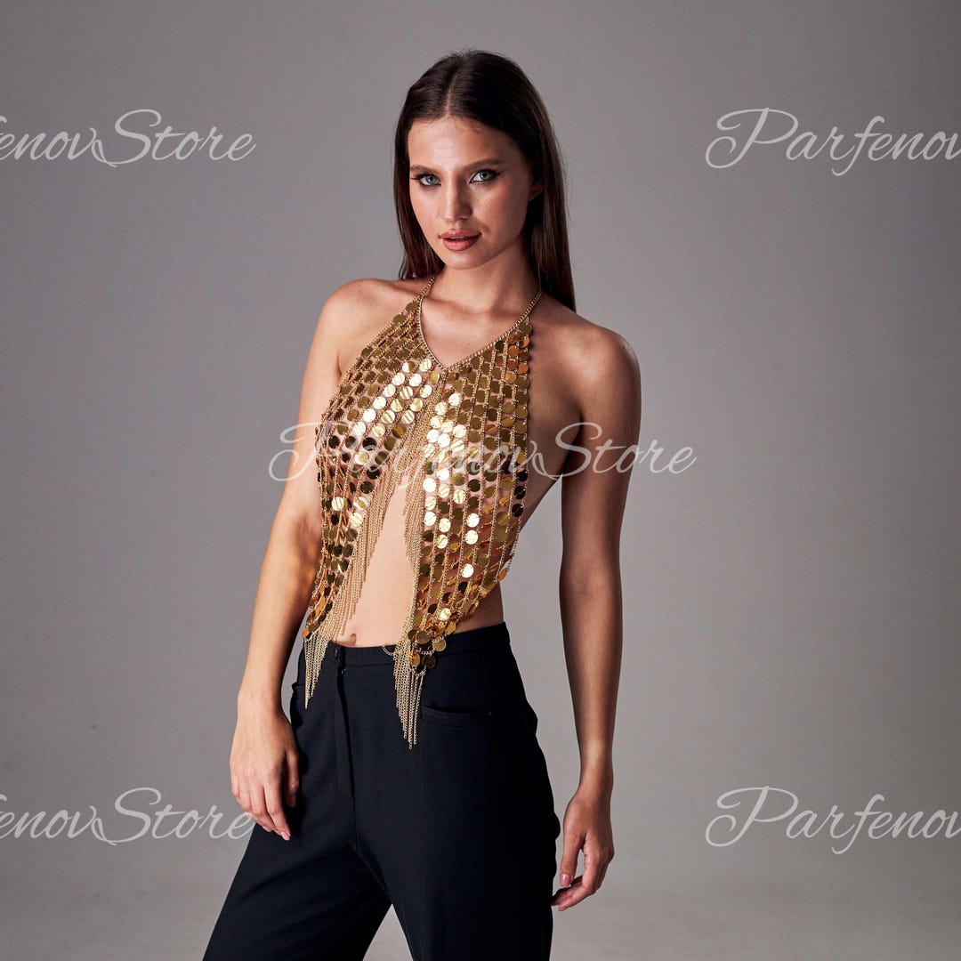 Gold Top Women, Gold Metal Top, Sequins Top for Women, Chainmail Top ...