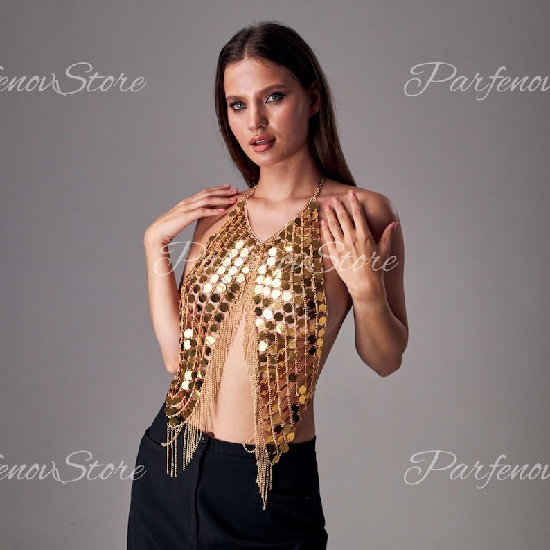 Gold Top Women, Gold Metal Top, Sequins Top for Women, Chainmail Top ...