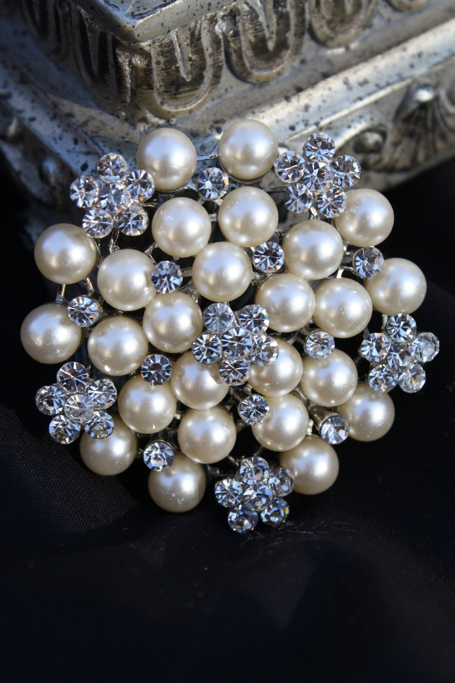 Rhinestone Pearl Brooch Pin Rhinestone Pearl Silver Tone - Etsy