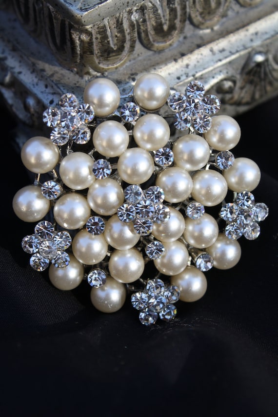 Rhinestone Pearl Brooch Pin Rhinestone Pearl Silver Tone - Etsy