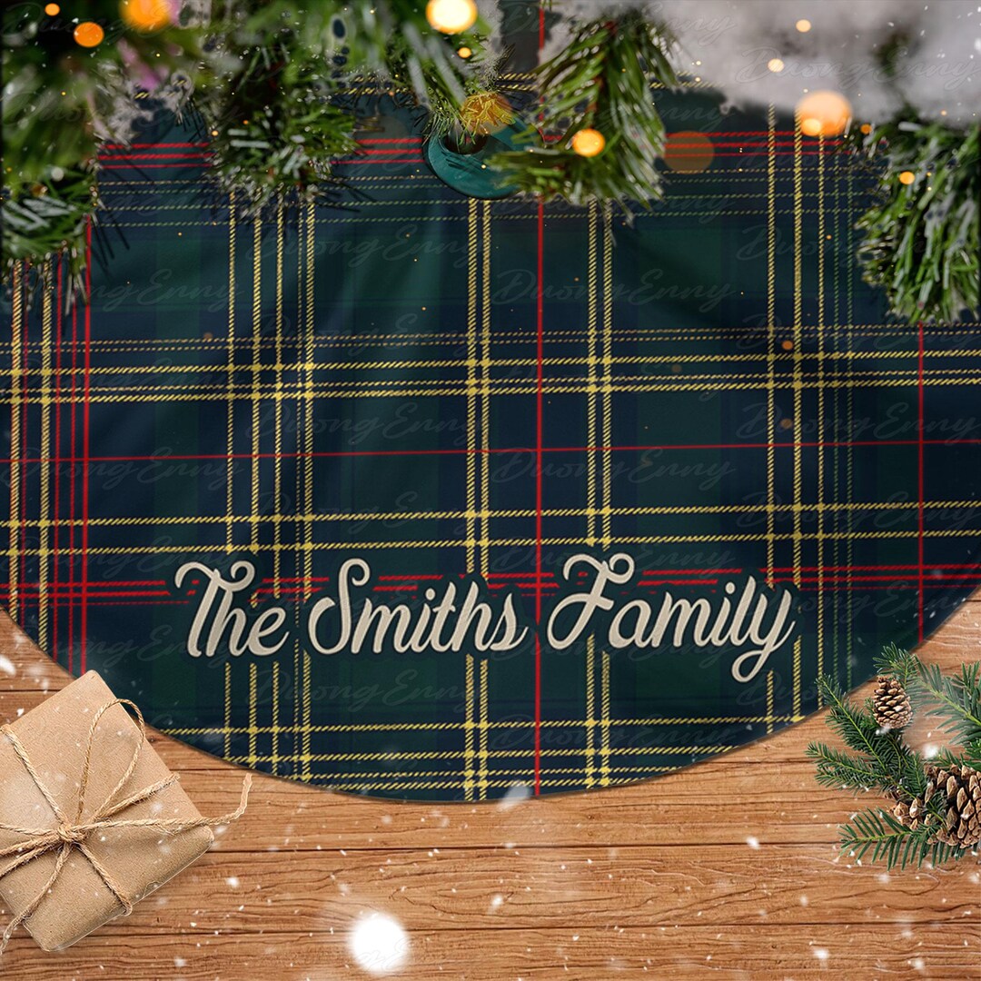Family Christmas Tree Skirt Custom, Green and Red Plaid Xmas Tree Skirt ...