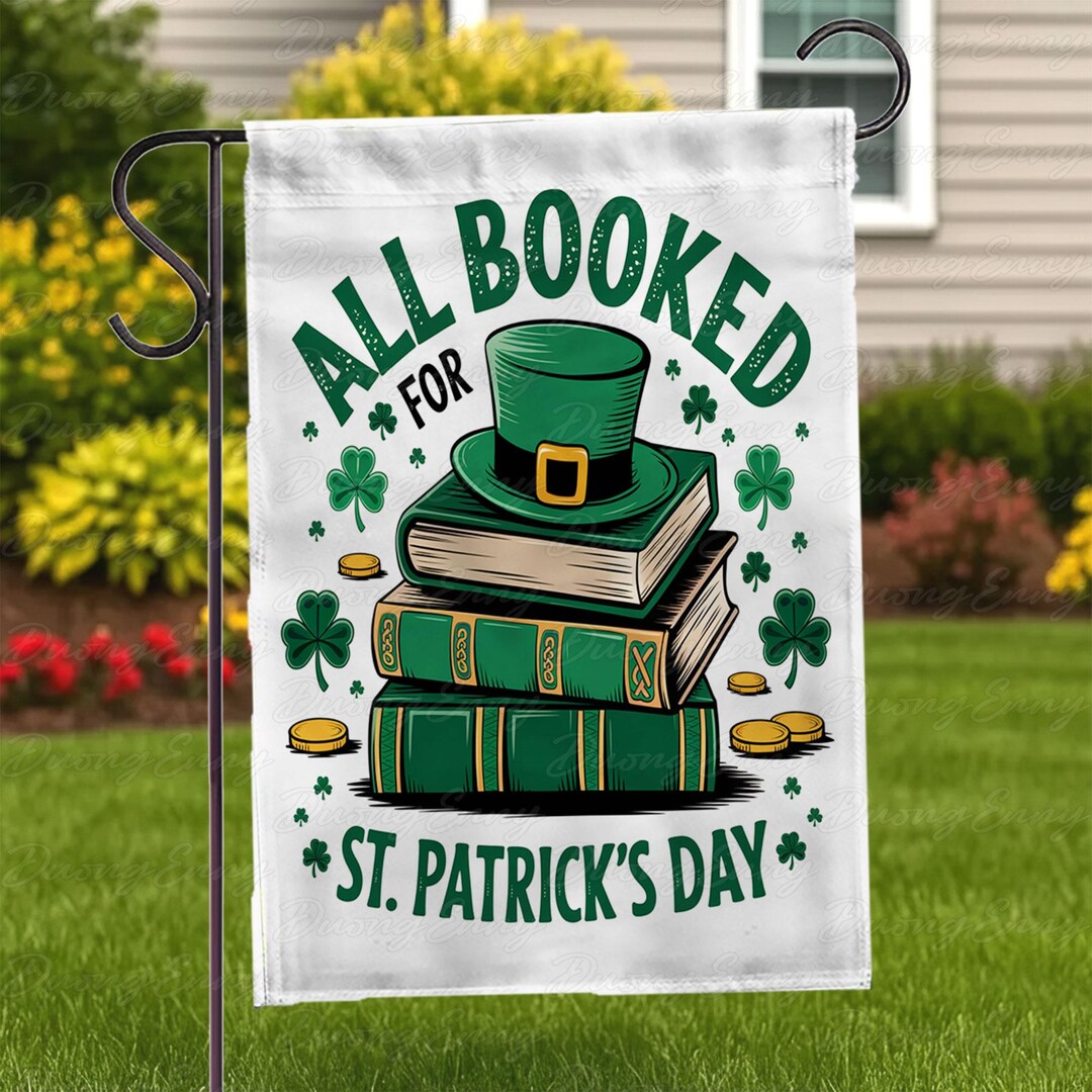 Library Welcome Irish Shamrock Flag, Book Stack Leprechaun Hat Flag, St ...