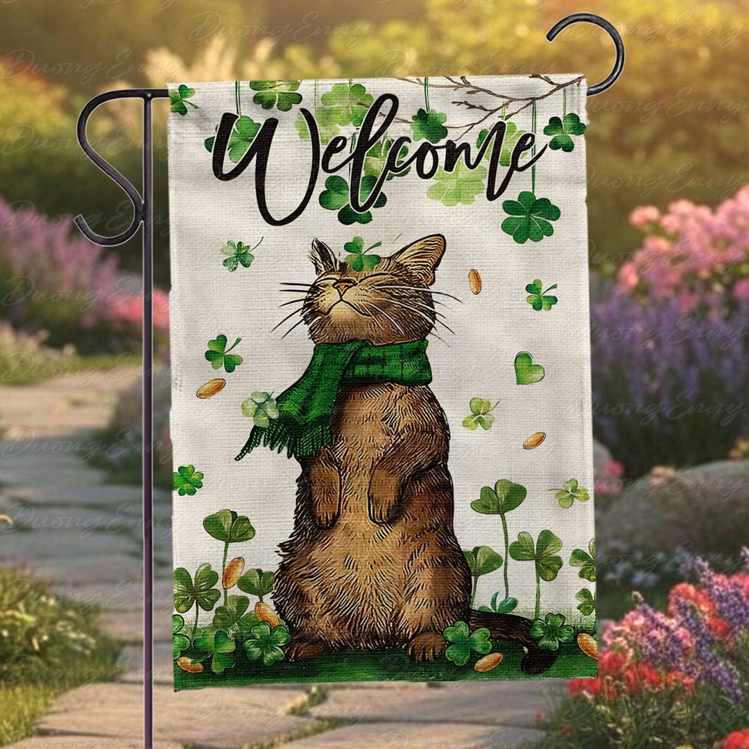 St Paddy Cat Clover Welcome Flag, Irish Green Clover Cat Flag, Cute ...